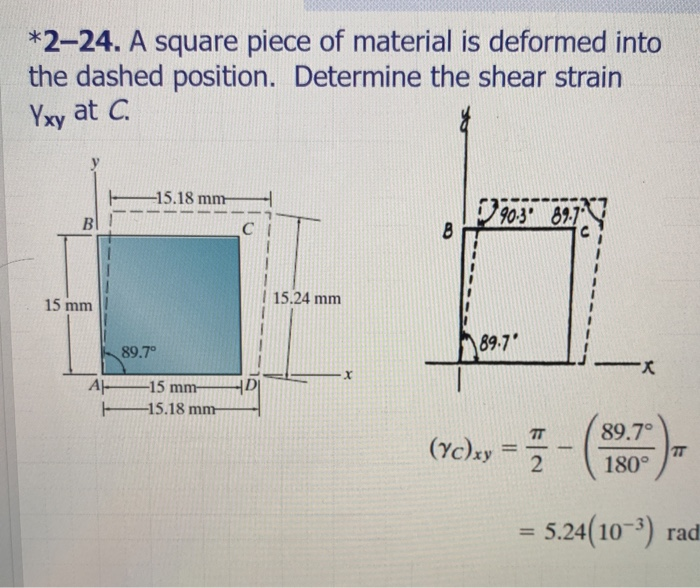 Solved *2–24. A square piece of material is deformed into | Chegg.com