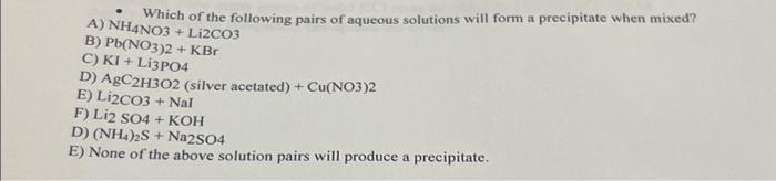 Solved Which of the following pairs of aqueous solutions | Chegg.com