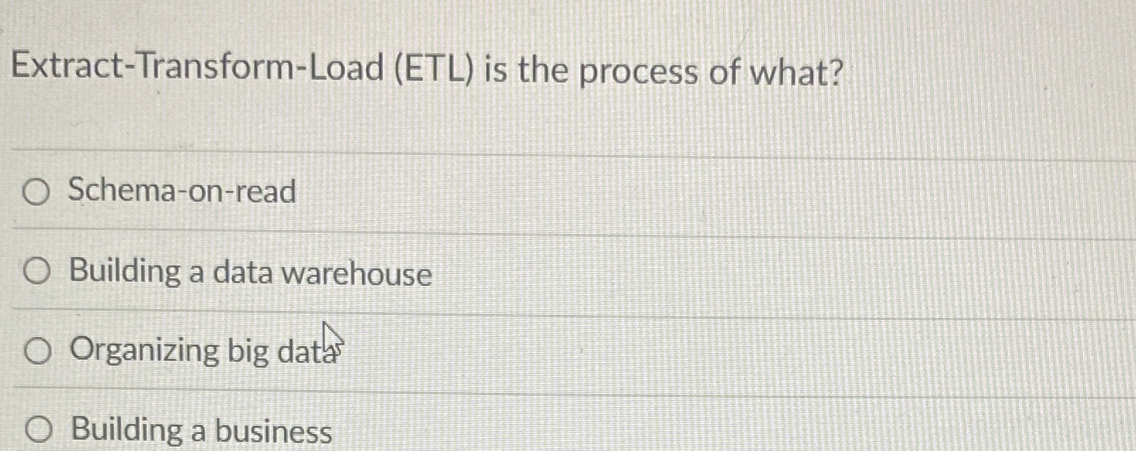 Solved Extract-Transform-Load (ETL) ﻿is the process of | Chegg.com