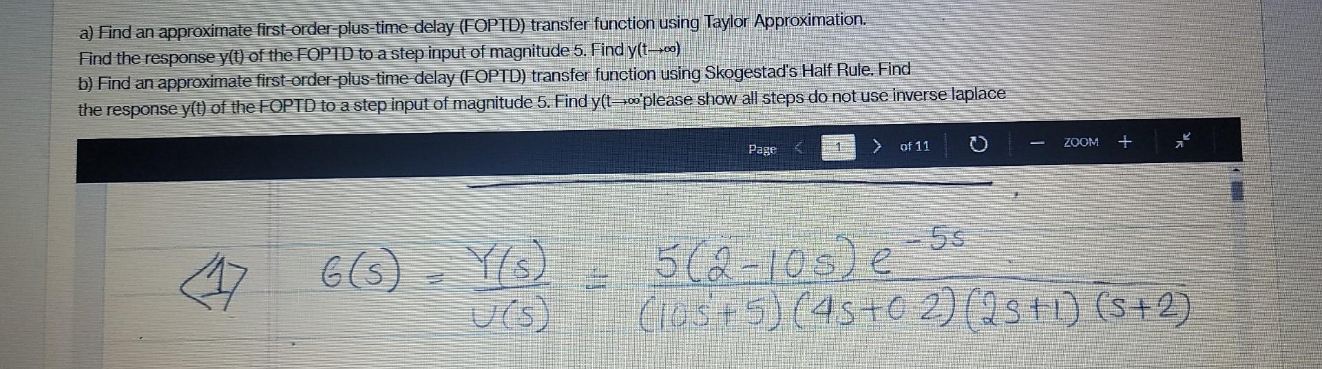 Solved A Find An Approximate First Order Plus Time Delay