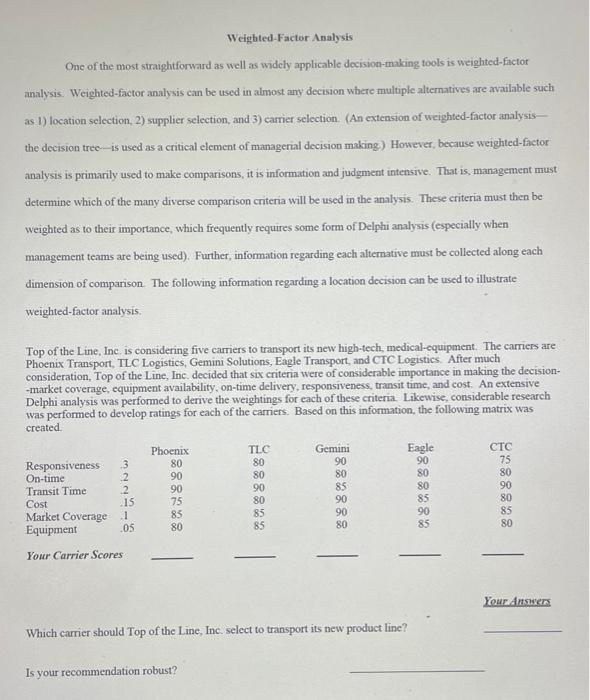 Solved Weighted-Factor Analysis One of the most | Chegg.com