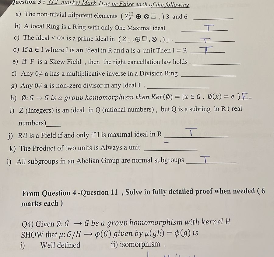 Solved Question 3 ﻿: (12 ﻿marks) ﻿Mark True or False each of | Chegg.com