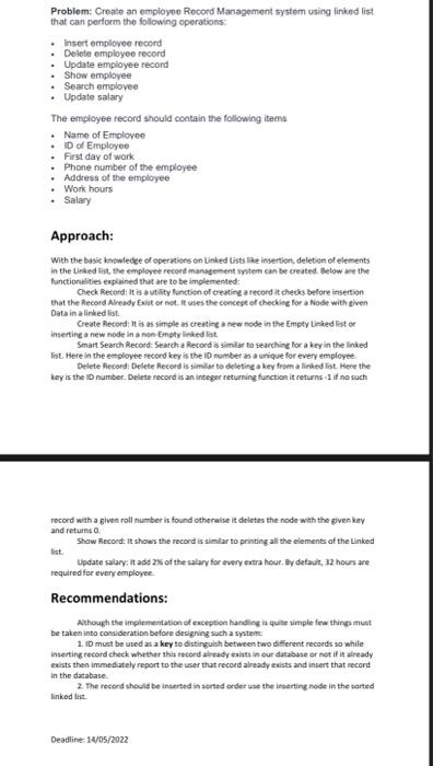 Solved Problem: Create an employee Record Management system | Chegg.com