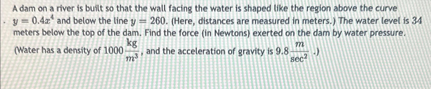 Solved A dam on a river is built so that the wall facing the | Chegg.com