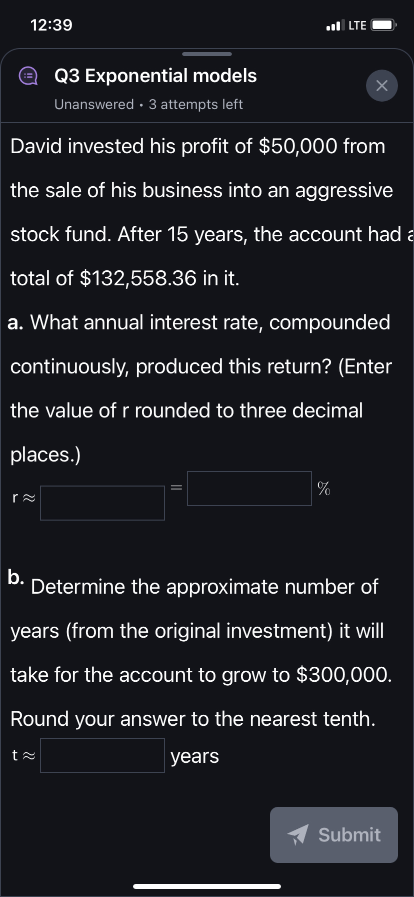Solved 12:39LTE() ﻿Q3 ﻿Exponential modelsUnanswered 3 | Chegg.com