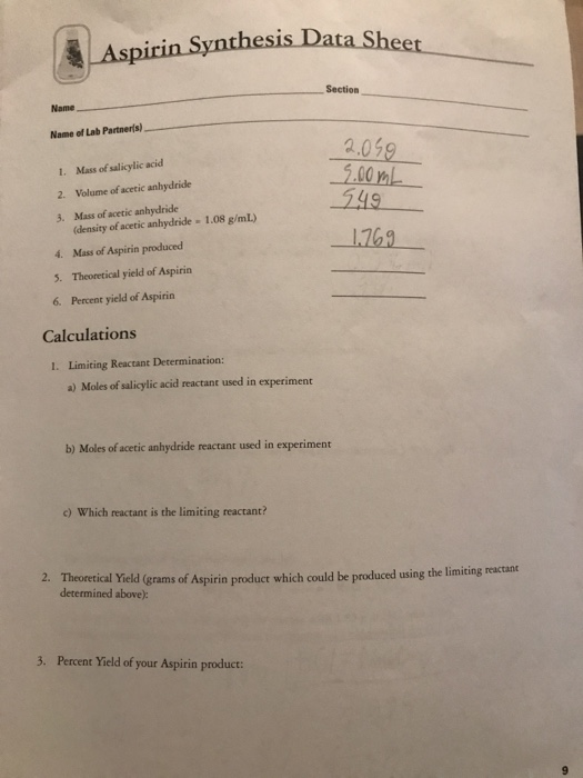 Solved Aspirin Synthesis Data Sheet Section Name Name of Lab | Chegg.com
