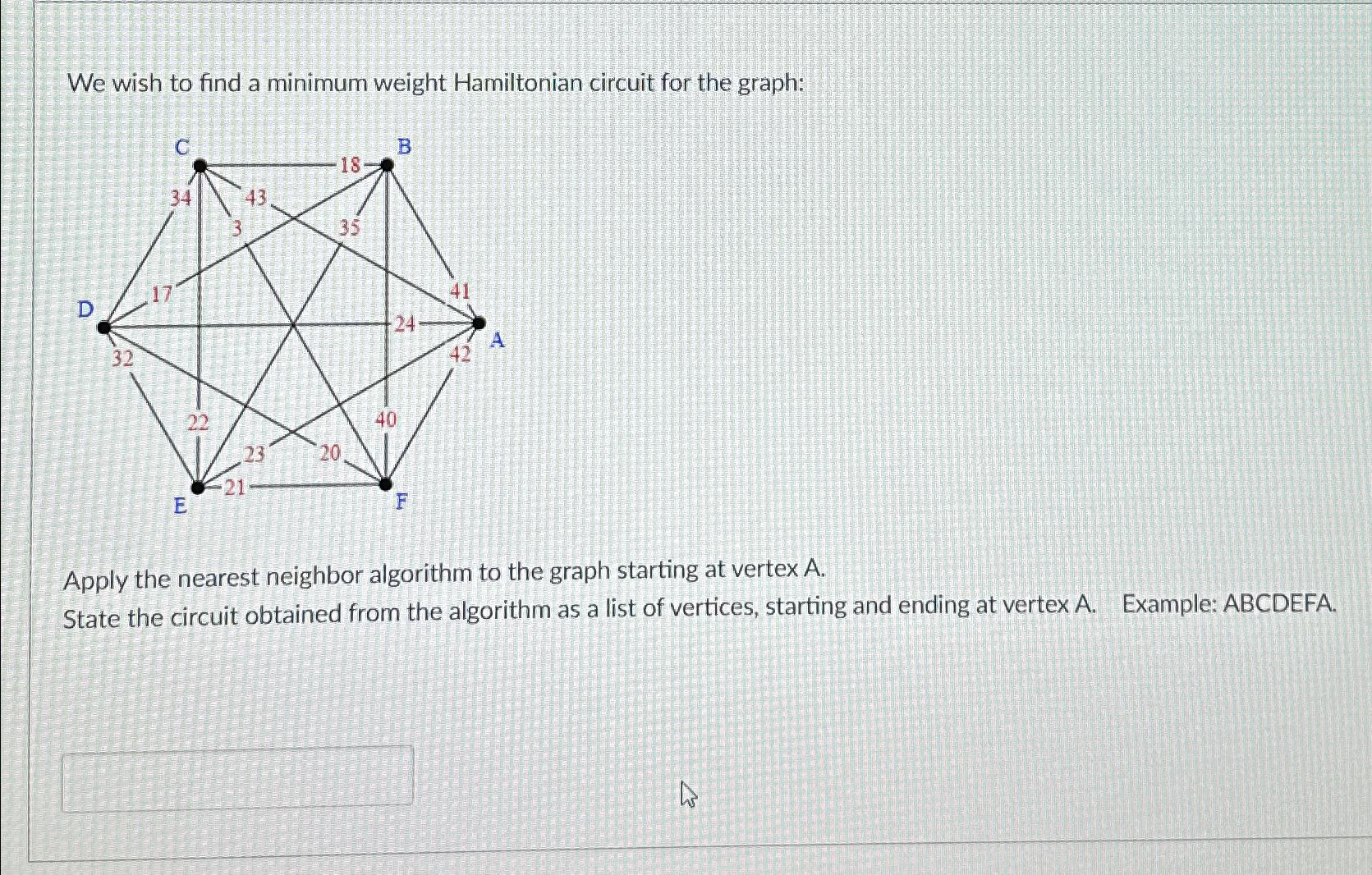 Solved We wish to find a minimum weight Hamiltonian circuit | Chegg.com
