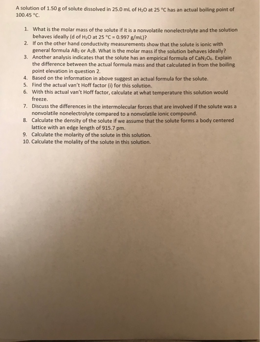 Solved A solution of 1.50 g of solute dissolved in 25.0 mL | Chegg.com