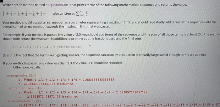 Solved Write A Static Method Named Sequence Sum That Prints