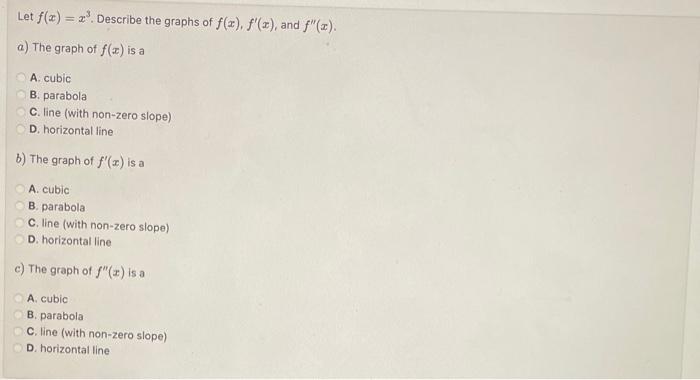 Solved Let f(x)=x3. Describe the graphs of f(x),f′(x), and | Chegg.com