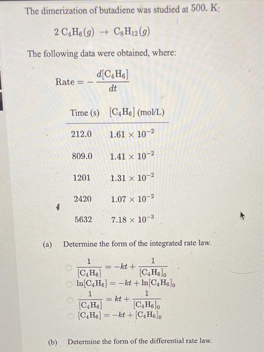 Solved The dimerization of butadiene was studied at 500. K: | Chegg.com