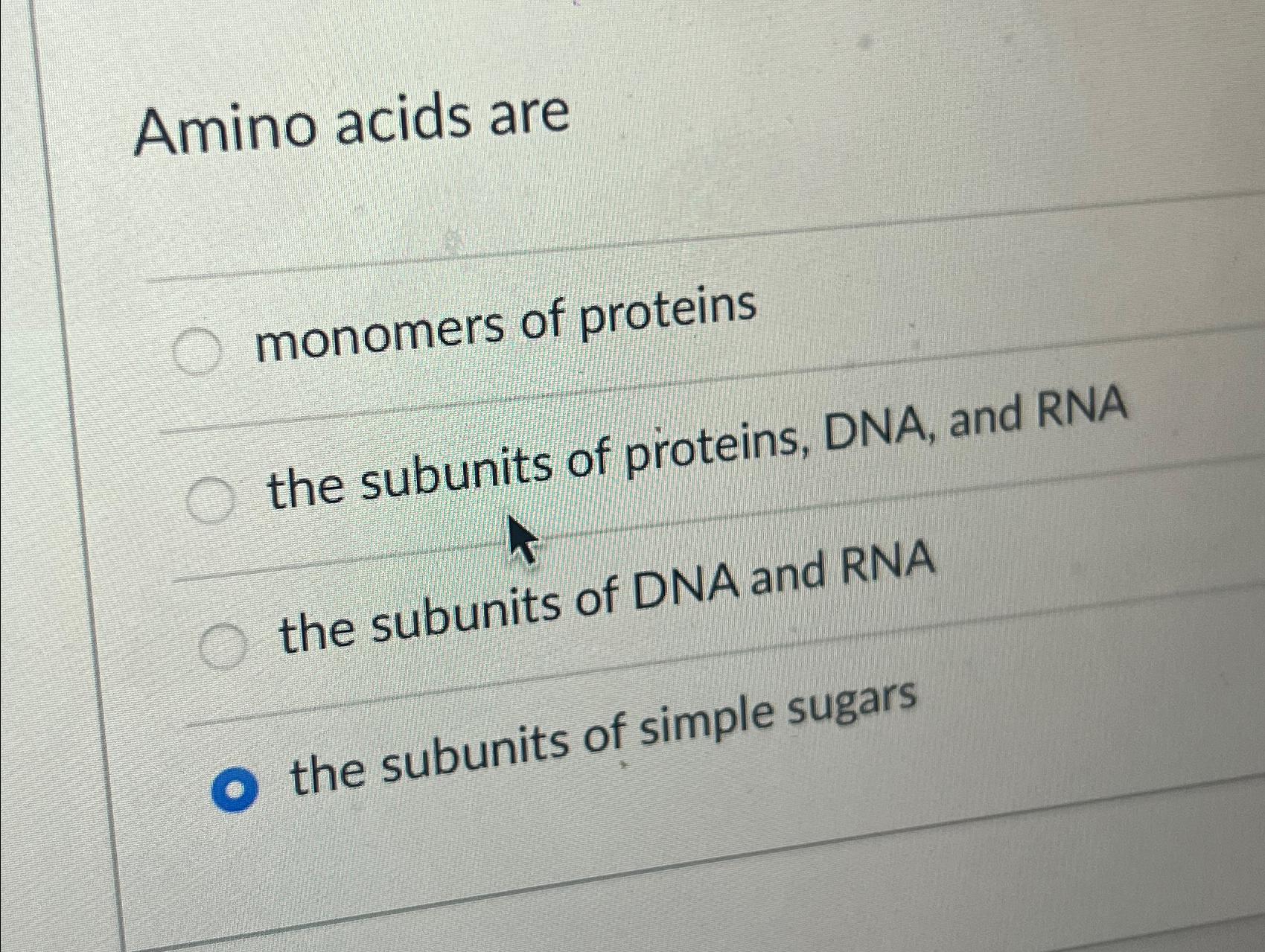 Solved Amino acids aremonomers of proteinsthe subunits of | Chegg.com