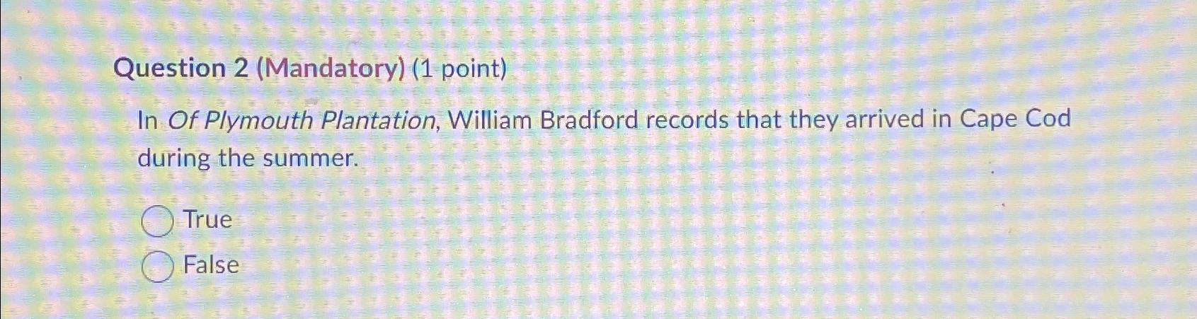 Solved Question 2 (Mandatory) (1 ﻿point)In Of Plymouth | Chegg.com