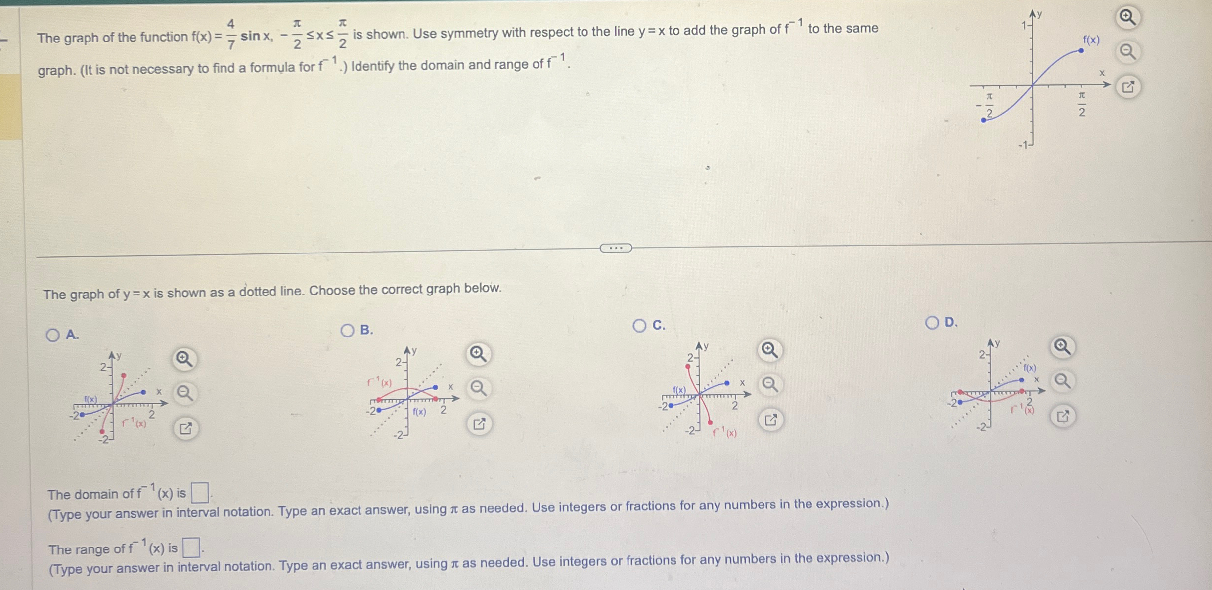 Solved The graph of the function f(x)=47sinx,-π2≤x≤π2 ﻿is | Chegg.com
