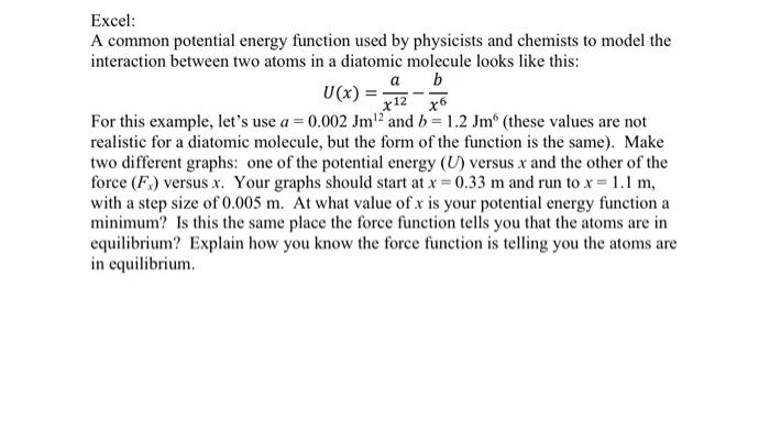 Solved Excel: A common potential energy function used by | Chegg.com