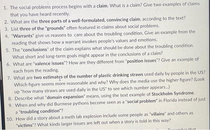 Solved 1. The social problems process begins with a claim. | Chegg.com