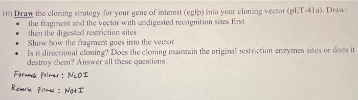 Solved 10) Draw the cloning strategy for your gene of | Chegg.com