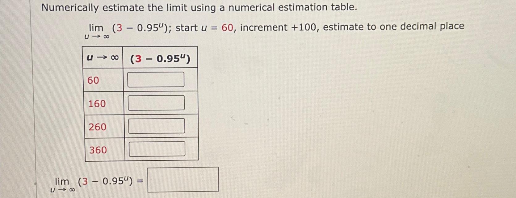 Solved Numerically estimate the limit using a numerical | Chegg.com Solved Numerically estimate the limit using a numerical | Chegg.com