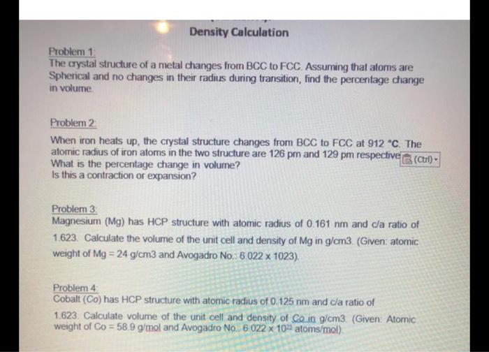 Solved Density Calculation Problem 1 The crystal structure | Chegg.com