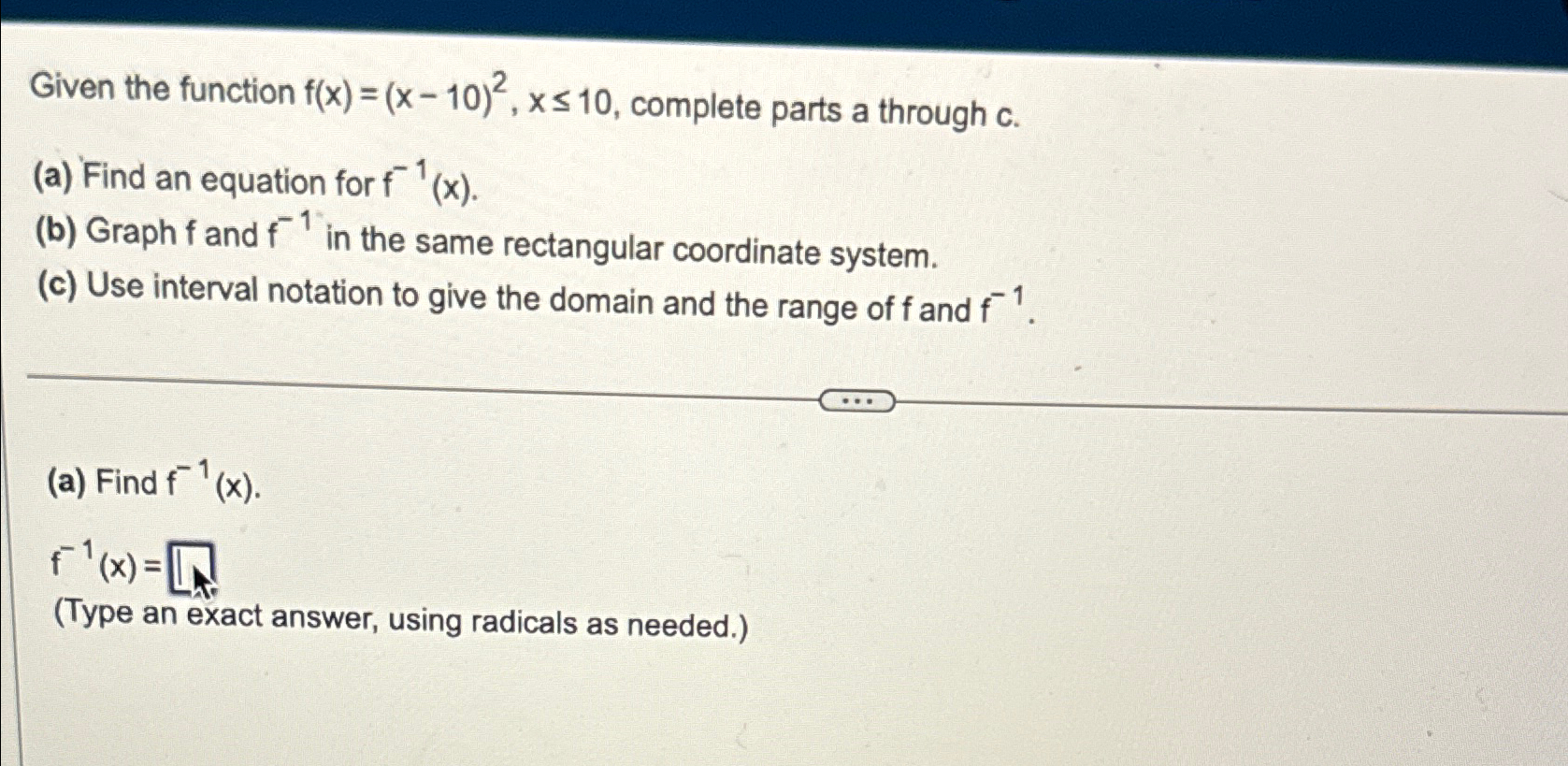 Solved Given the function f(x)=(x-10)2,x≤10, ﻿complete parts | Chegg.com