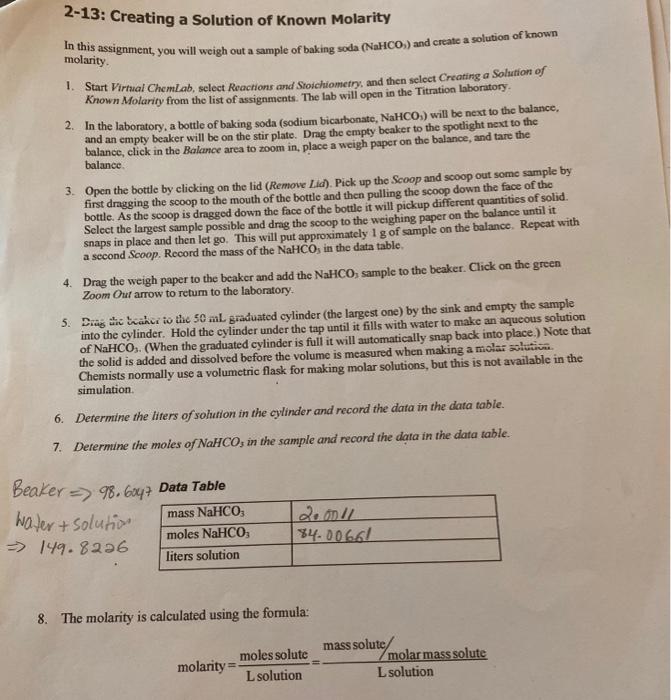 Solved 2-13: Creating a Solution of Known Molarity In this | Chegg.com