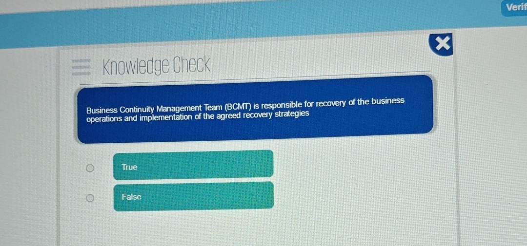 Solved VerifKnowledge checkBusiness Continuity Management | Chegg.com