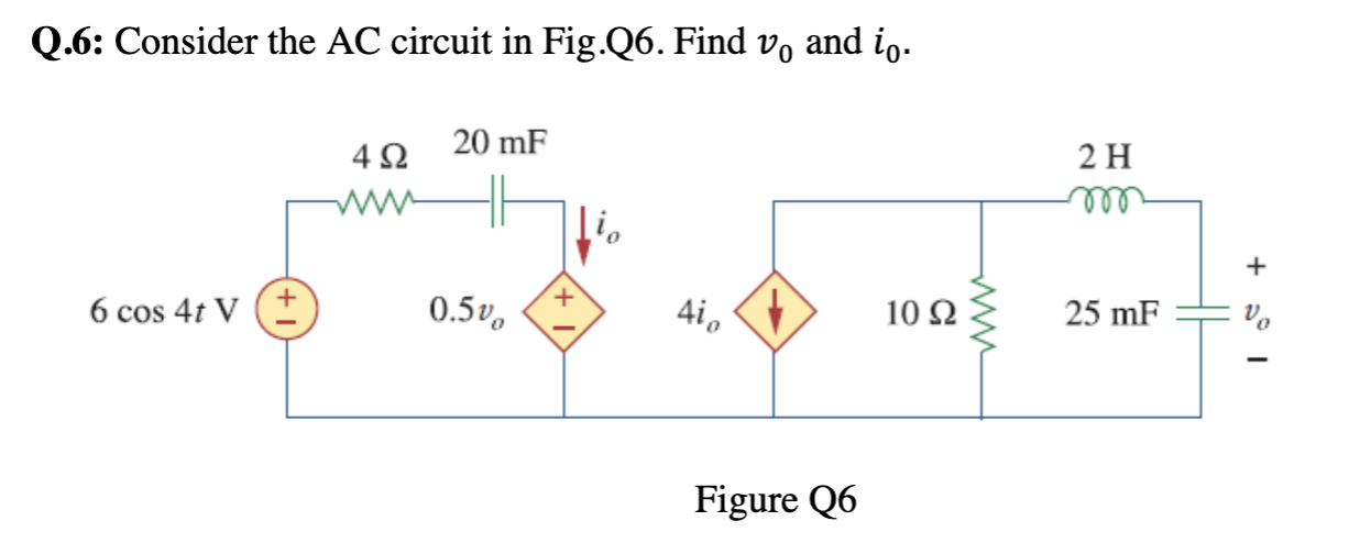 Solved Q.6: Consider the AC circuit in Fig.Q6. ﻿Find v0 ﻿and | Chegg.com