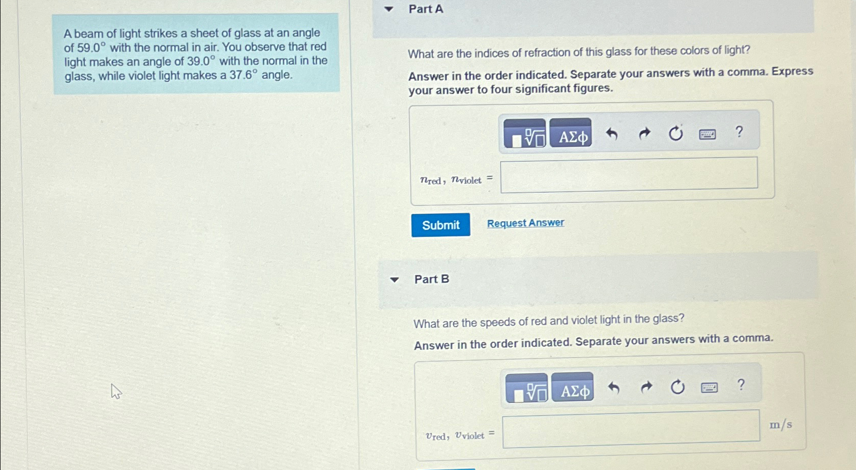 Solved Part AA beam of light strikes a sheet of glass at an | Chegg.com