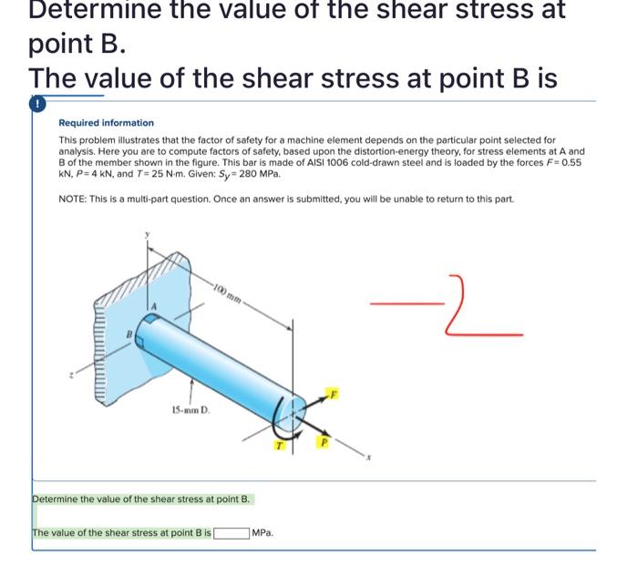 Determine the value of the shear stress at ooint B. | Chegg.com