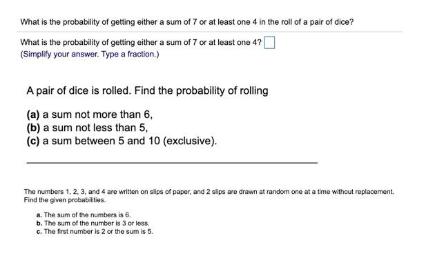 Solved What is the probability of getting either a sum of 7 | Chegg.com