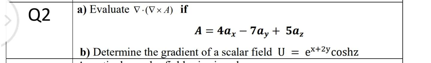 Solved a) Evaluate ∇⋅(∇×A) if A=4ax−7ay+5az b) Determine the | Chegg.com