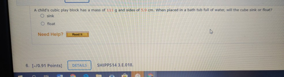 Solved A child's cubic play block has a mass of 111 g and | Chegg.com