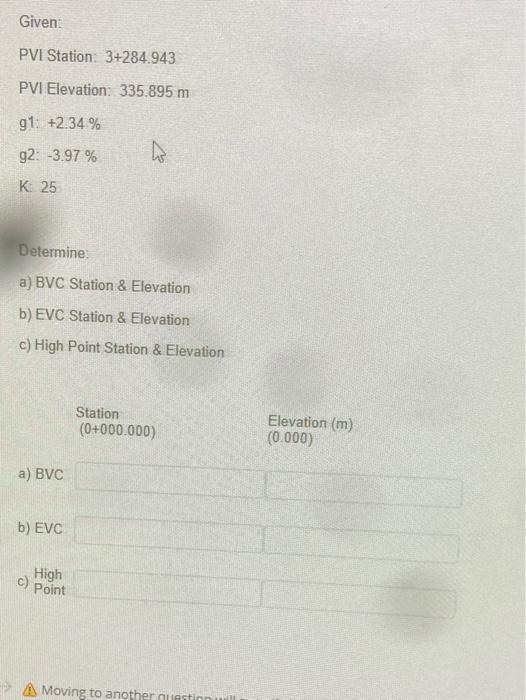 Solved Given: PVI Station: 3+284.943 PVI Elevation: 335.895 | Chegg.com