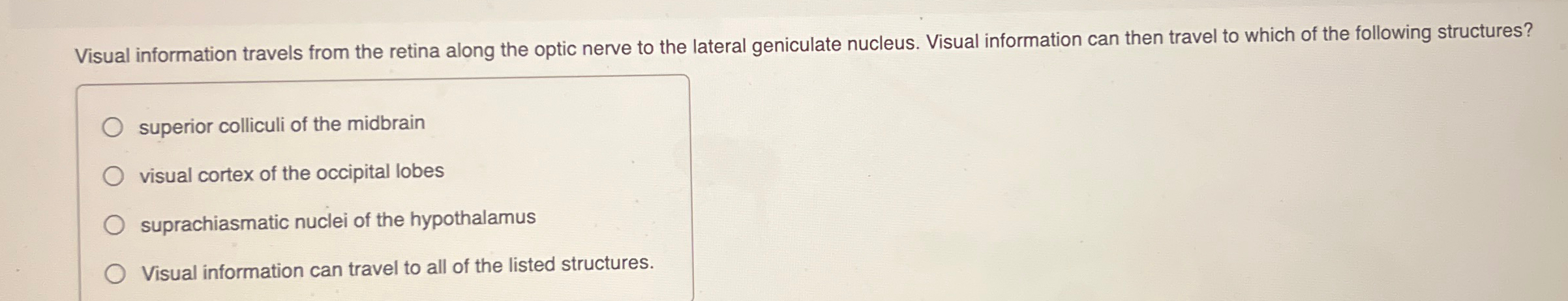Solved Visual information travels from the retina along the | Chegg.com