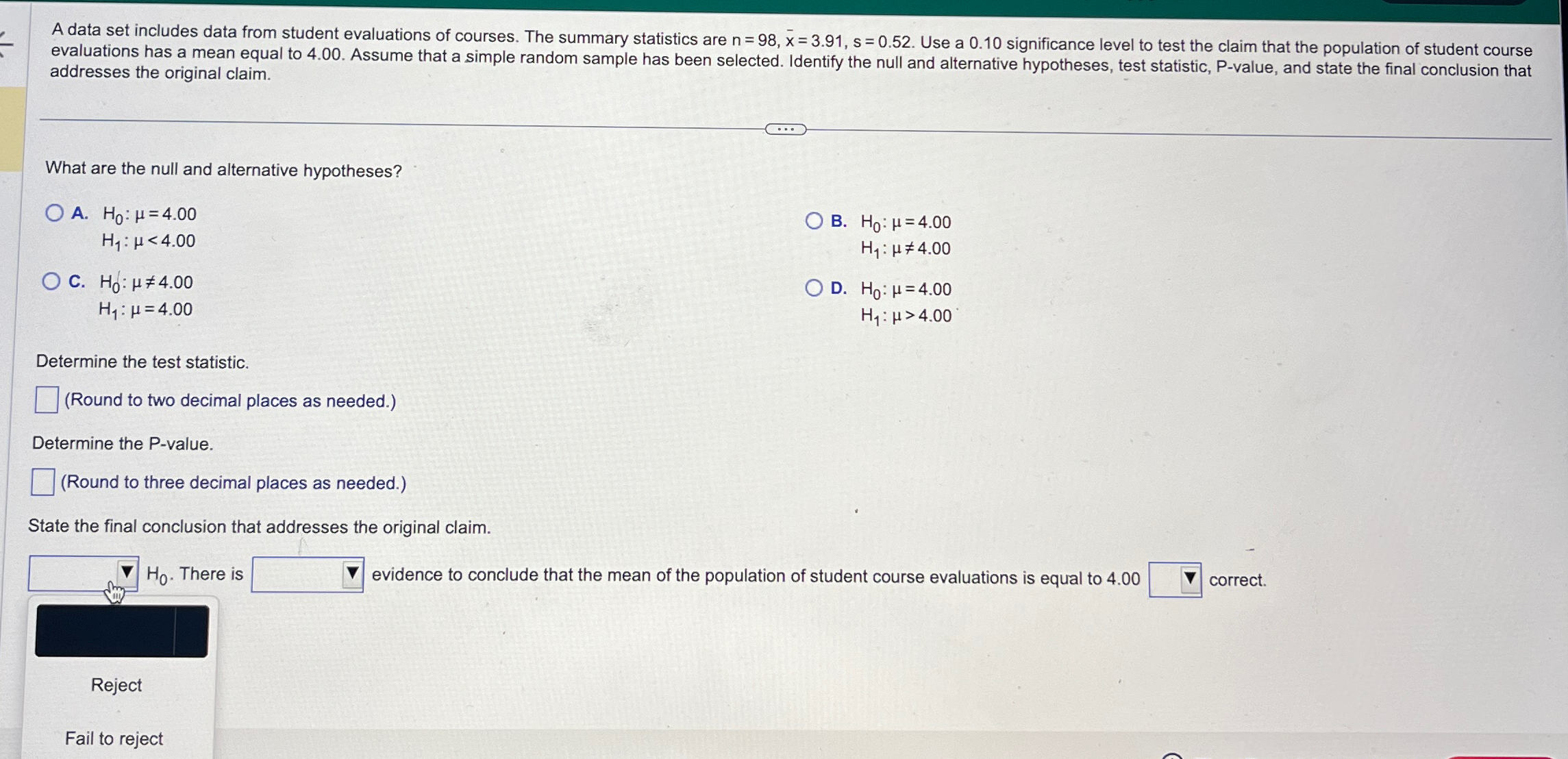 Solved A data set includes data from student evaluations of | Chegg.com