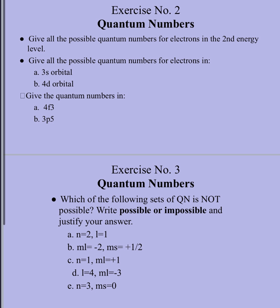 Solved Exercise No. 2Quantum NumbersGive all the possible | Chegg.com