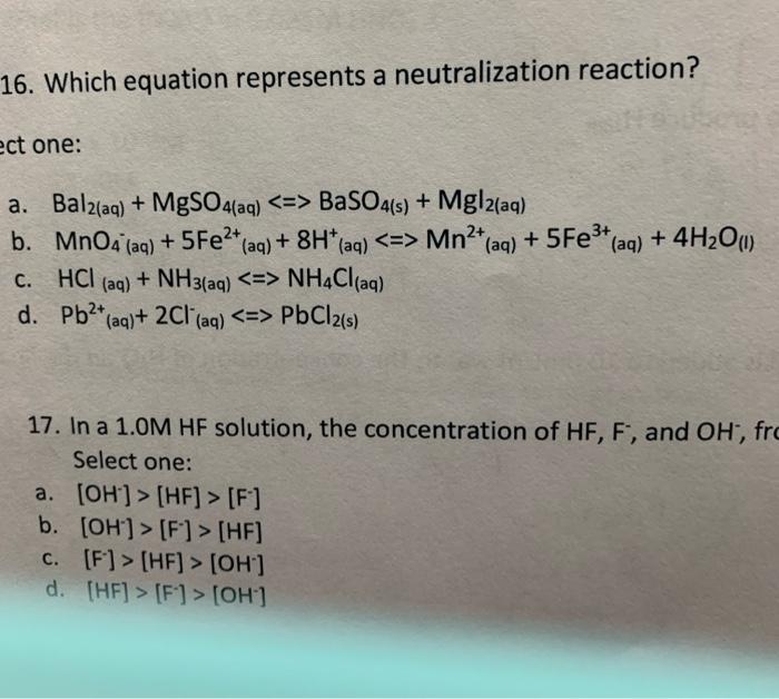 Solved 16. Which equation represents a neutralization | Chegg.com