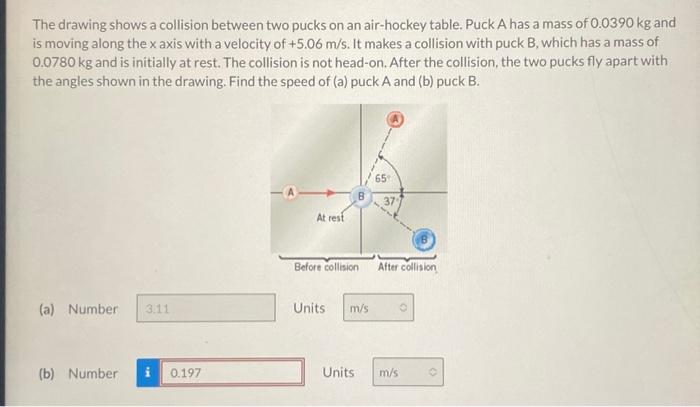 Solved The drawing shows a collision between two pucks on an | Chegg.com