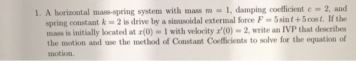 Solved 1. A horizontal mass-spring system with mass m = 1, | Chegg.com