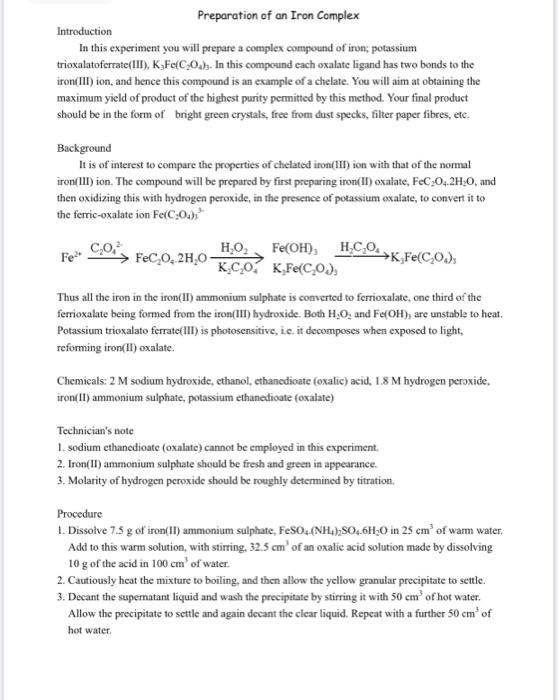 Preparation of an Iron Complex Introduction In this | Chegg.com