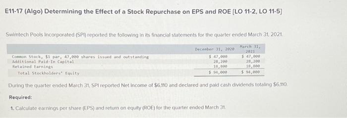 Solved E11-17 (Algo) Determining the Effect of a Stock | Chegg.com