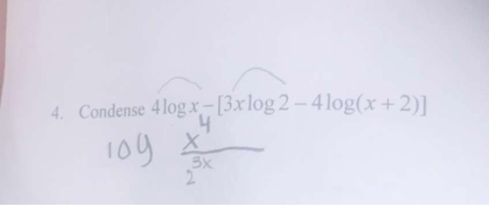 Solved 4. Condense 4log x - [3x log 2 – 4log(x + 2)] log X | Chegg.com