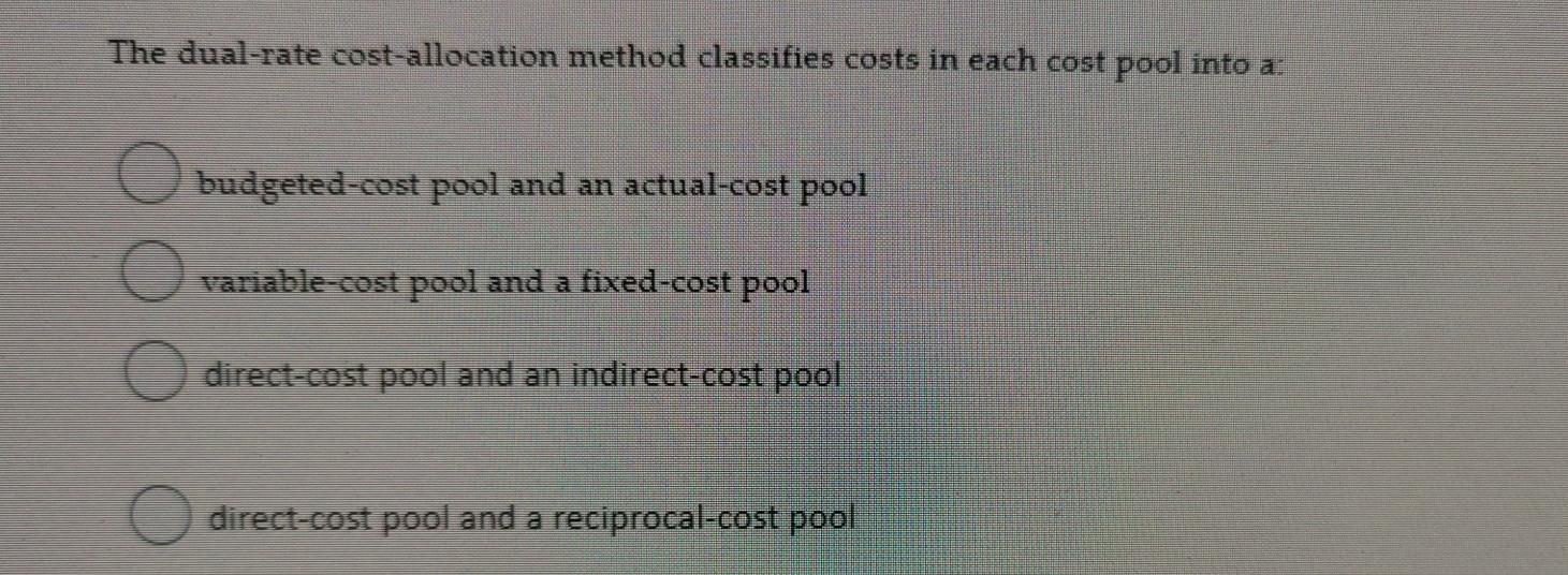 Solved The dual-rate cost-allocation method classifies costs | Chegg.com