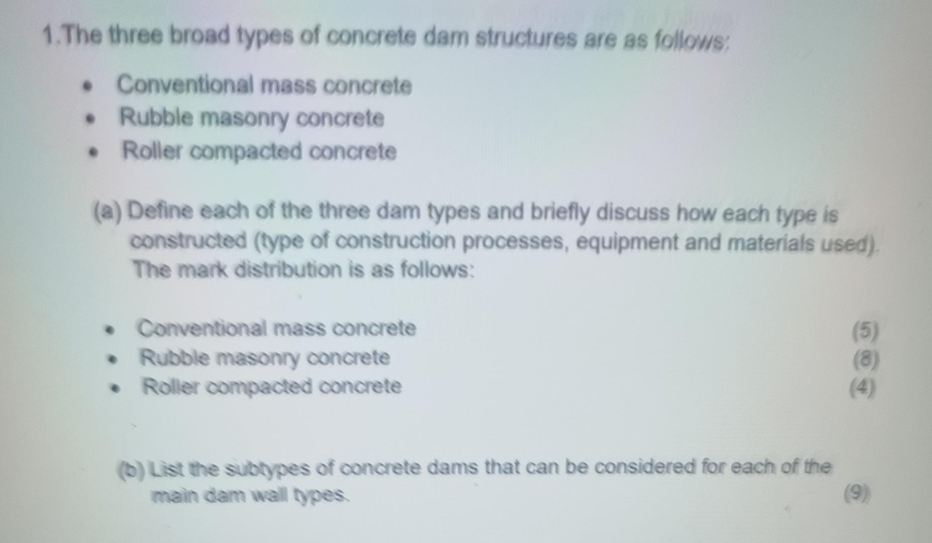 Solved 1. The three broad types of concrete dam structures | Chegg.com