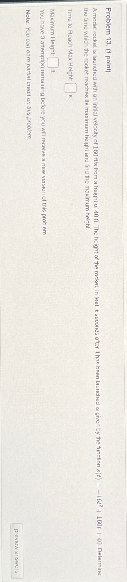 Solved Problem 13. (1 ﻿point)A model rocket is launched with | Chegg.com