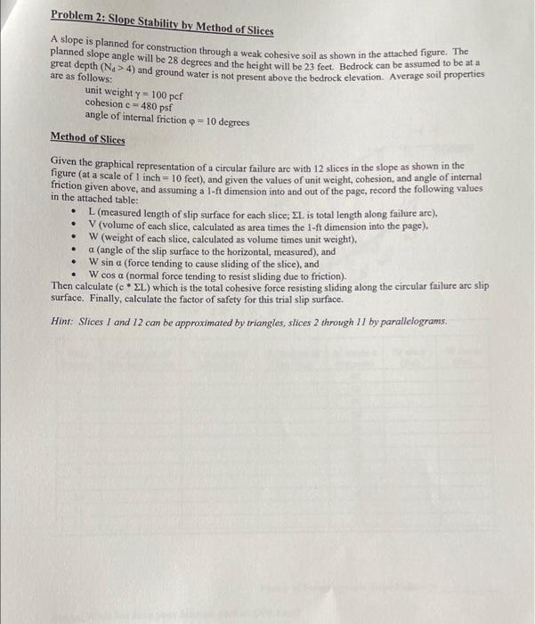 Solved Problem 2: Slope Stability by Method of Slices | Chegg.com