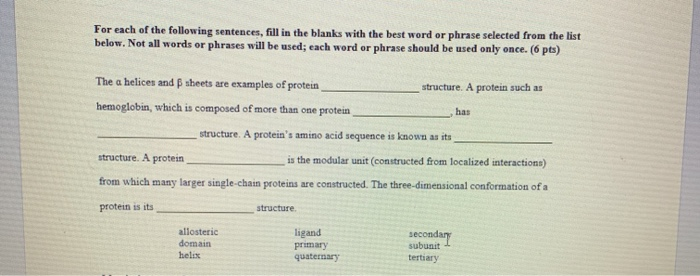 Solved Matching Amino Acid Properties to Location: 2 pts | Chegg.com