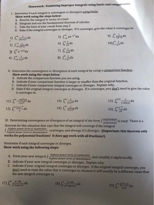 Solved Homework: Examining Improper Integrals using limits | Chegg.com