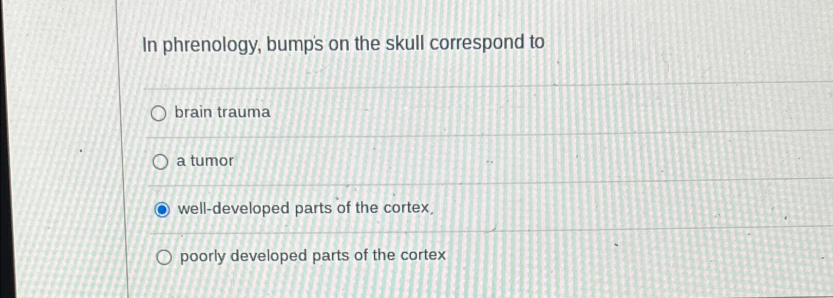 Solved In phrenology, bump's on the skull correspond tobrain | Chegg.com