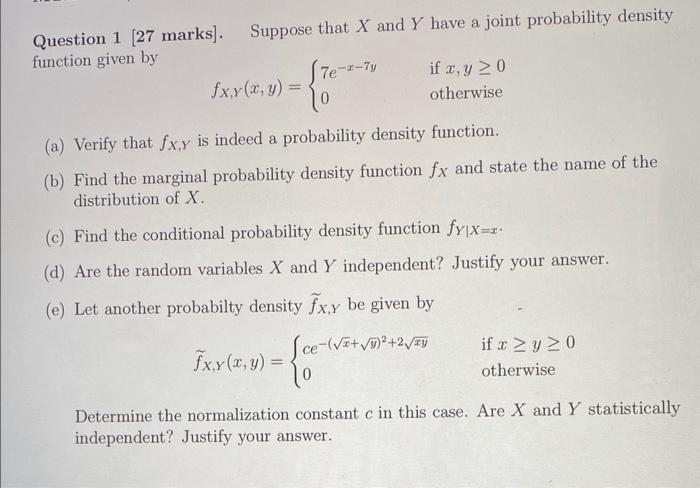 Solved Question 1 [27 marks]. Suppose that X and Y have a | Chegg.com